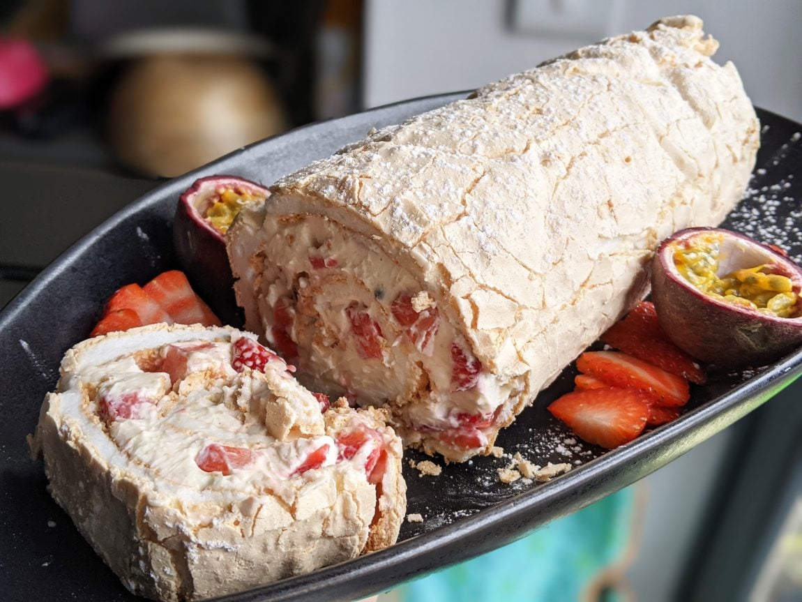 Strawberry & Passion Fruit Meringue Roulade (GF)